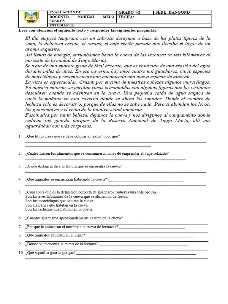 Evaluacion de Español Guia 1 A | PDF | Cueva