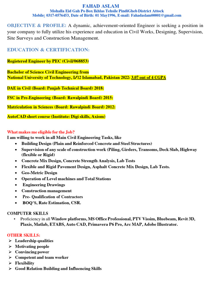 Fahad Fresh Final-CV-23 | PDF | Engineering | Civil Engineering
