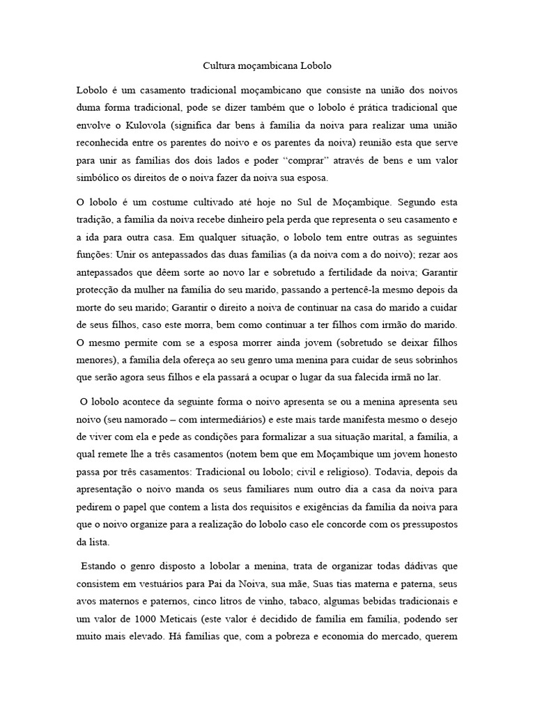 Significado e Práticas do Lobolo em Moçambique | PDF | Família | Casamento
