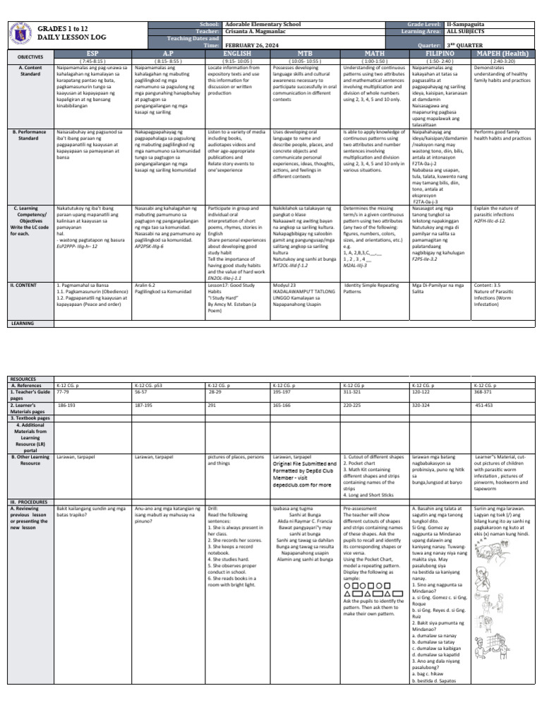 ESP A.P English MTB Math Filipino MAPEH (Health) : GRADES 1 To 12 Daily Lesson Log | PDF
