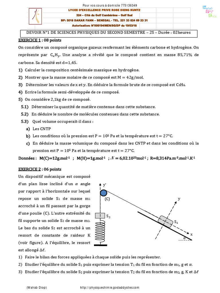Devoir de Physique 2S - Semestre 2 | PDF | Chimie physique | Chimie