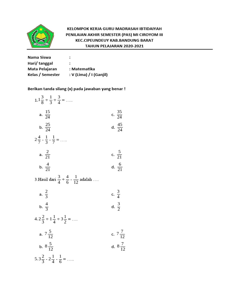 PTS MTK KLS 5 Ganjil | PDF