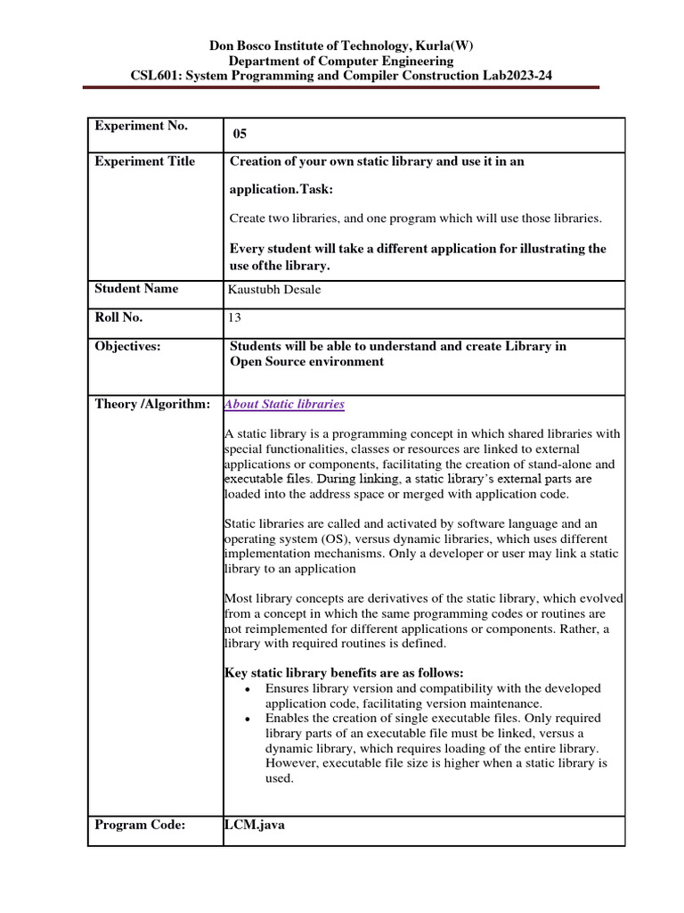 Exp 5 (Static Library) - A - 13 - Kaustubh Desale | PDF | Library (Computing) | Computing