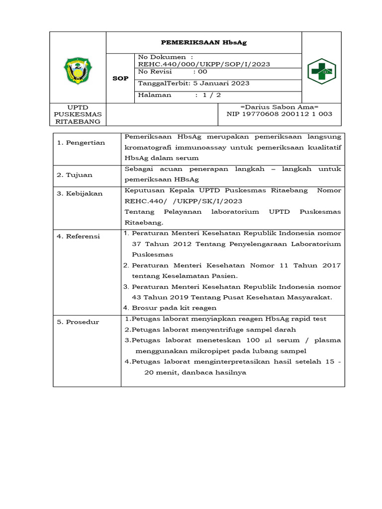 Sop Pemeriksaan Hbsag | PDF