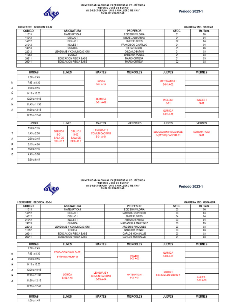 Horarios Nuevo Ingreso 2023-1 (Industrial, Sistema, Mecanica ...