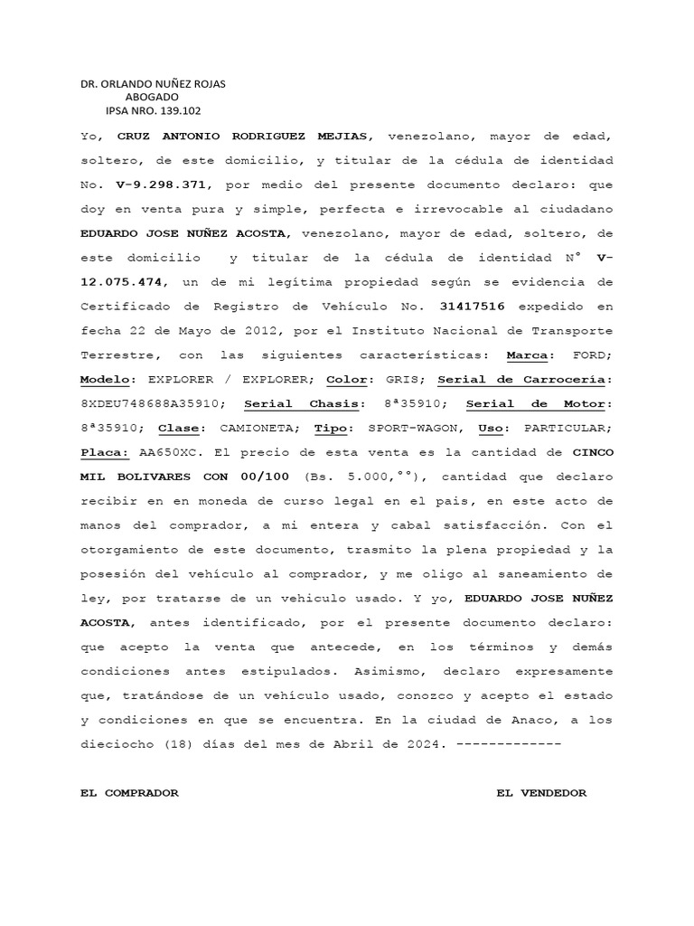 Venta de Vehículo Ford Explorer | PDF | Documento de identidad ...
