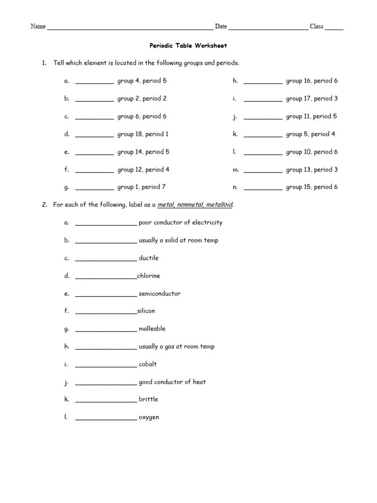 Perioidic Table Worksheet | PDF | Chemical Elements | Periodic Table