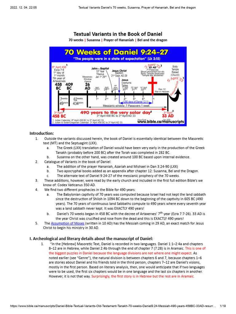 Textual Variants Daniel’s 70 weeks, Susanna, Prayer of Hananiah, Bel and the dragon | PDF ...