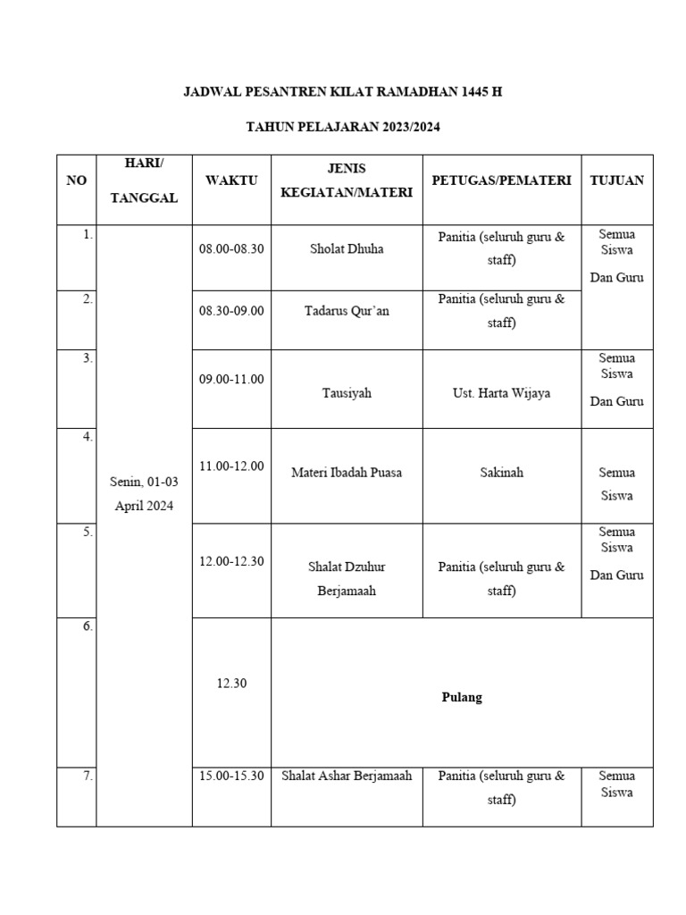 Jadwal Pesantren Kilat Ramadhan 1445 H Pdf