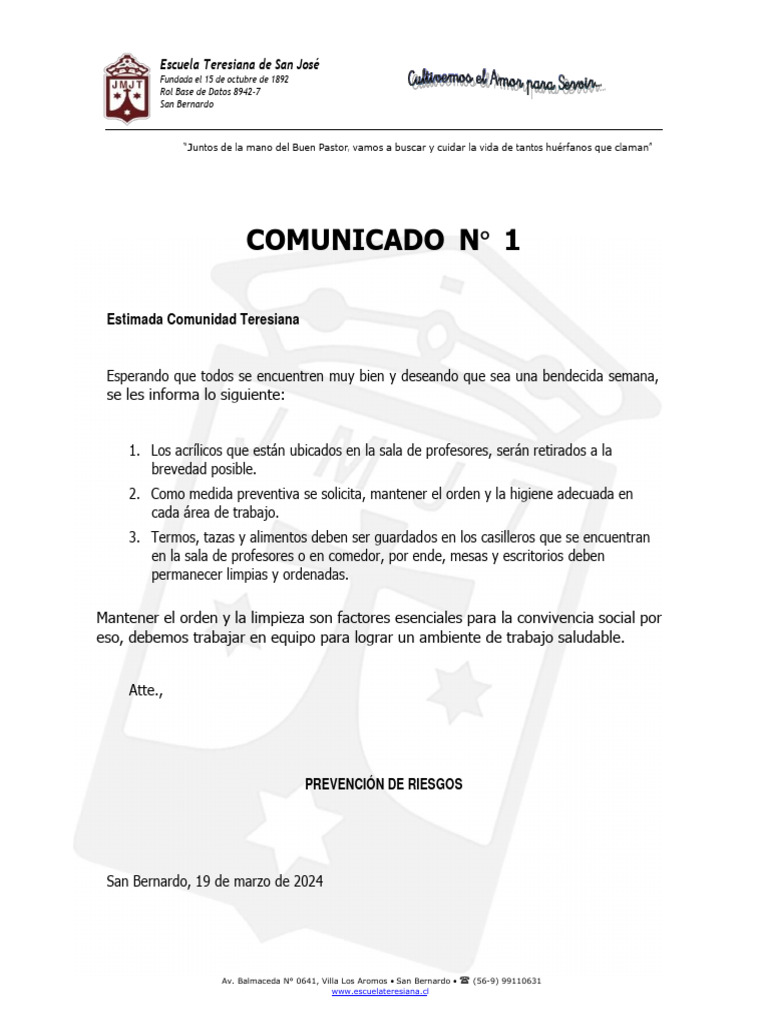 Comunicado sobre Orden y Limpieza Escolar | PDF