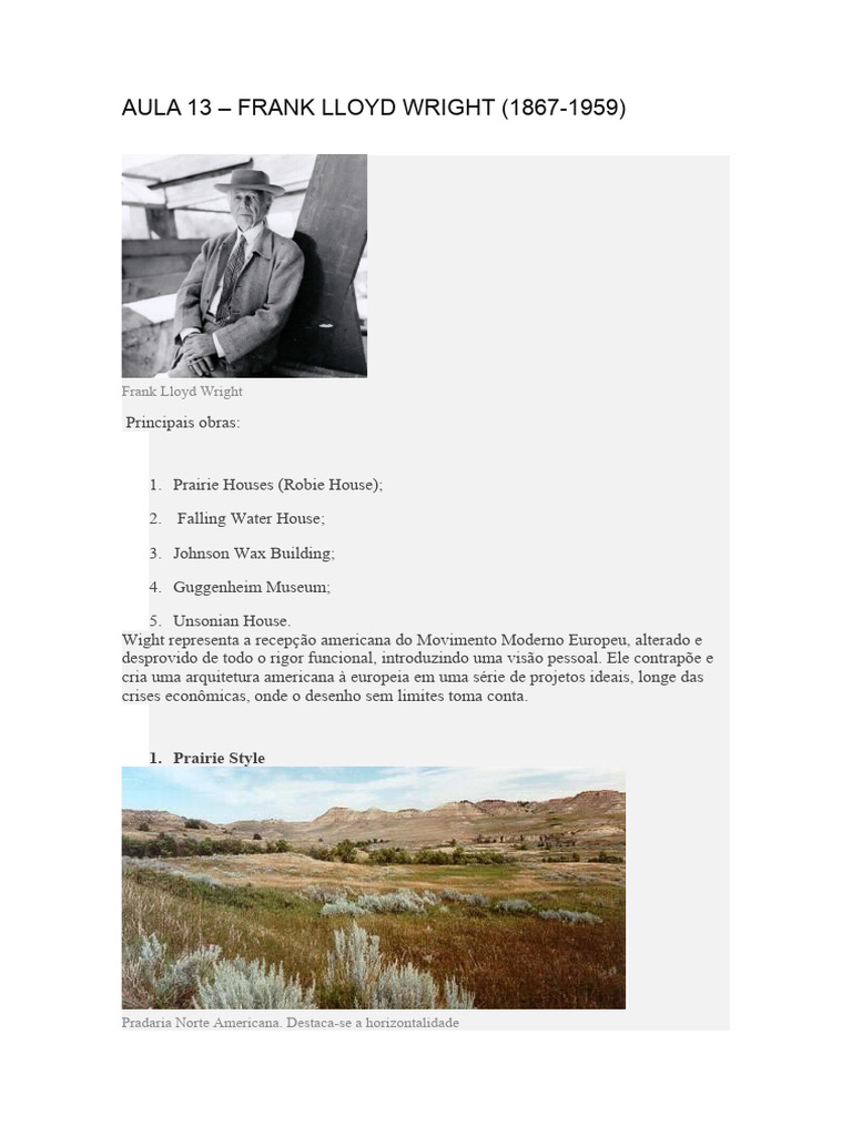 Aula 13 - Frank Lloyd Wright (1867-1959) | PDF