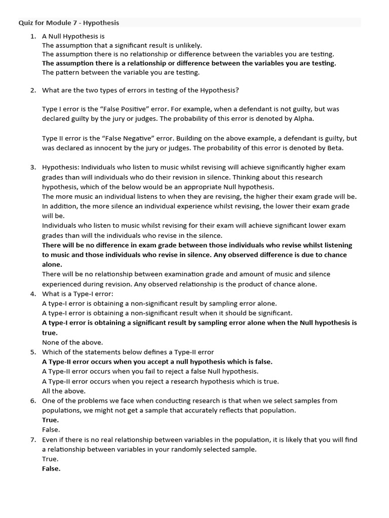 Hypothesis Testing Quiz Module 7 | PDF | Type I And Type Ii Errors ...