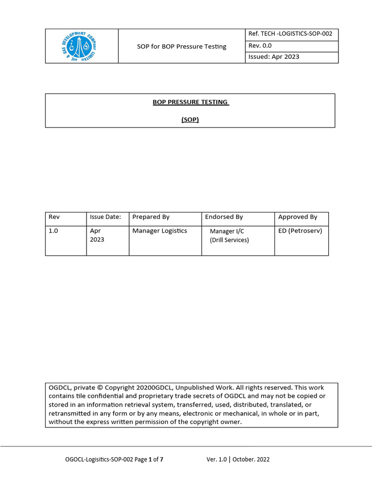 Final Sop - Bop Pressure Testing | PDF | Logistics | Outsourcing