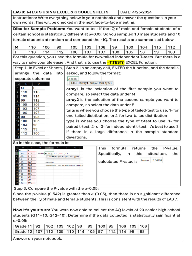 Las 8 T Tests Using MS Excel Sheets | PDF | Student's T Test | P Value