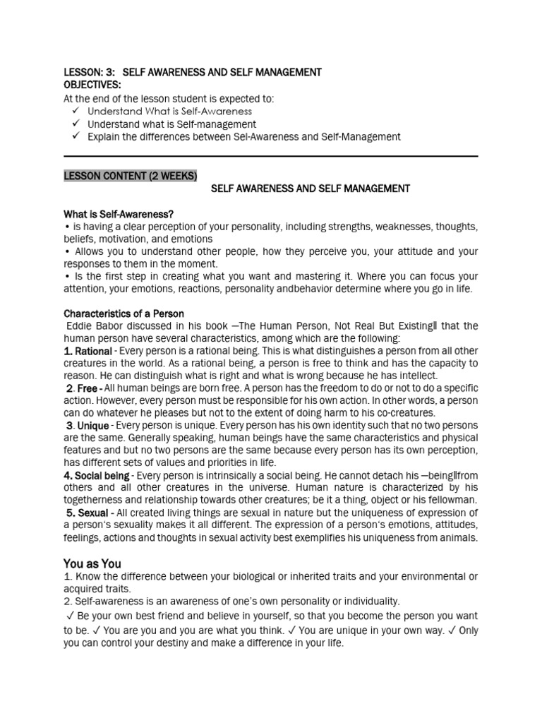 Lesson 3 Self Awareness and Self Management | PDF | Self Awareness ...