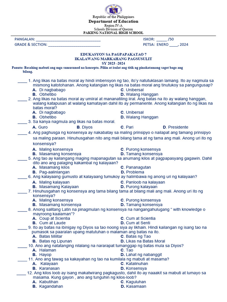 Esp 7 2nd Quarter Sy 2023 2024 Pdf