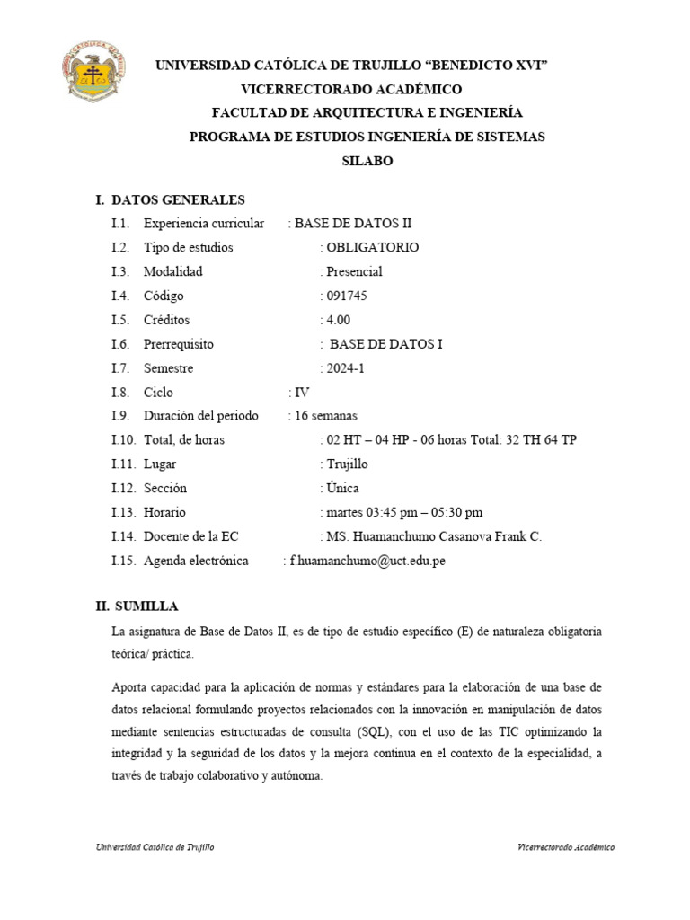 Silabo - Base de Datos Ii 2024-1 | PDF | SQL | Servidor SQL de Microsoft