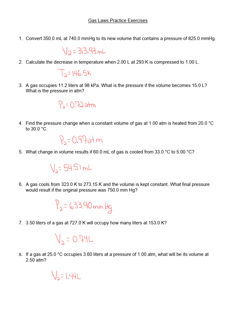 Gas Laws Practice Exercises | PDF | Pascal (Unit) | Pressure