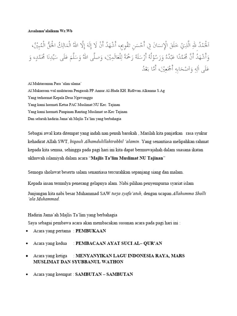 Susunan Acara Majlis Ta'lim NU Tajinan | PDF