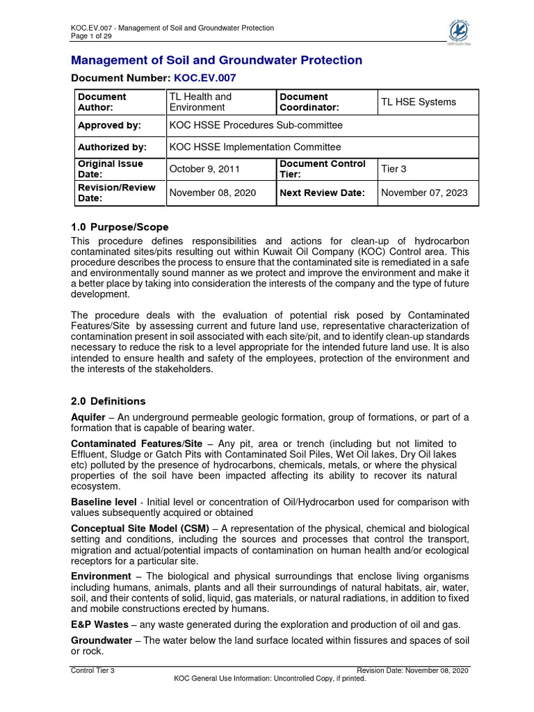 KOC - EV.007 - Management of Soil and Groundwater Protection | PDF ...