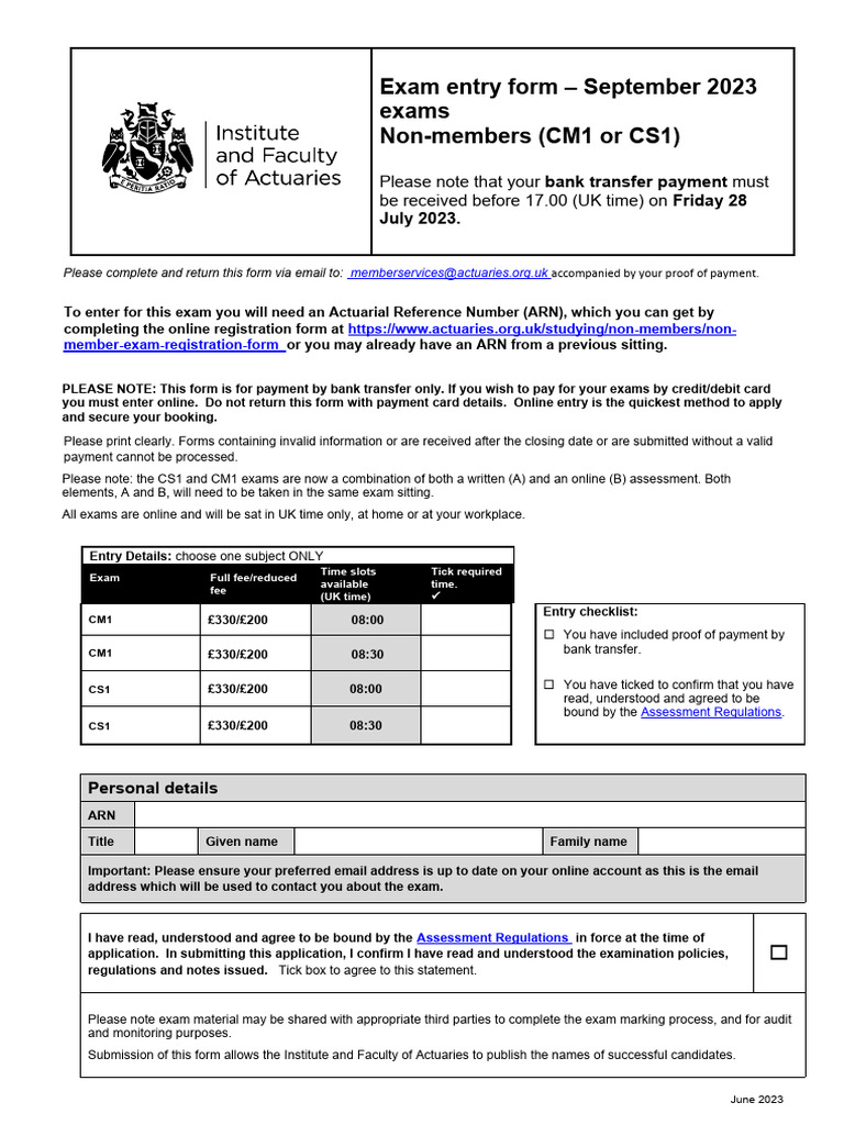 Actuarial Exam Entry Form 2023 | PDF | Wire Transfer | Payments