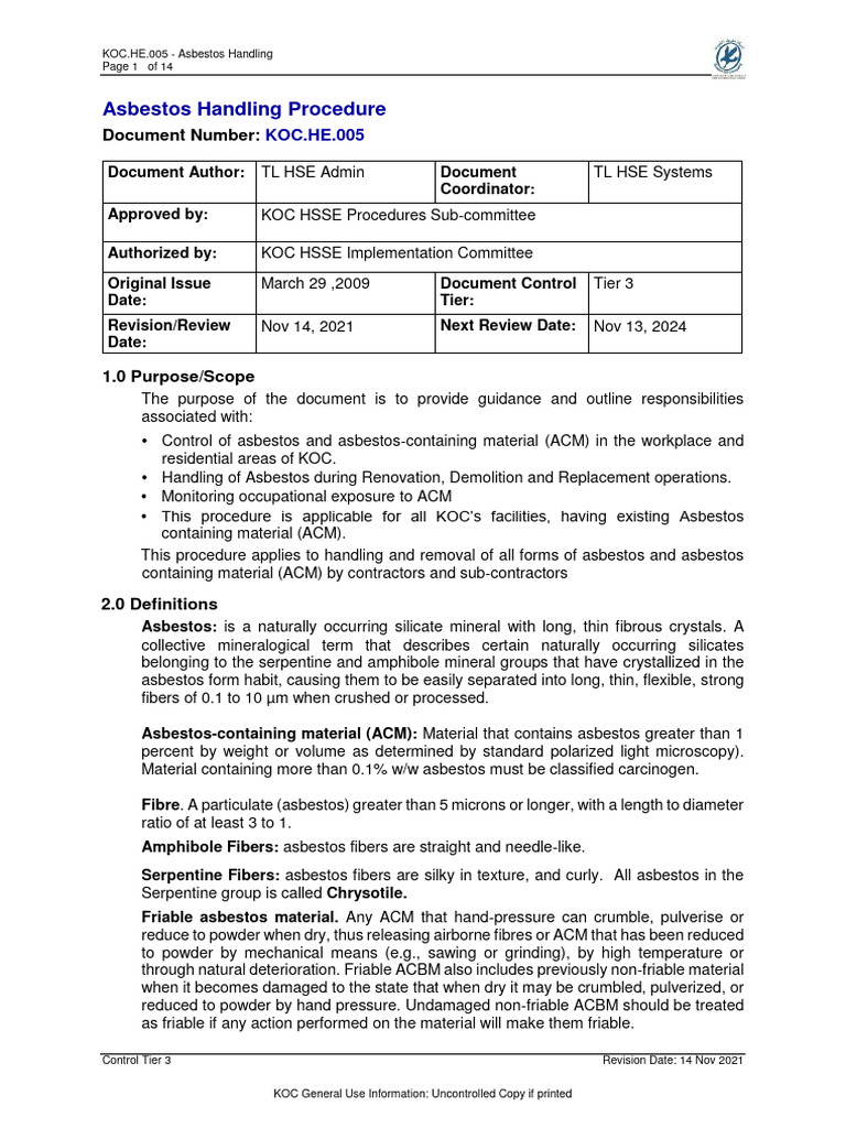 KOC - HE.005 - Asbestos Handling Procedure | PDF | Asbestos | Waste
