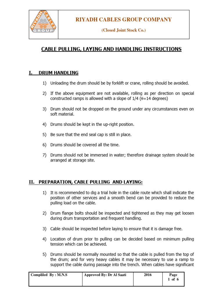 Cable Pulling Laying and Handling - 2016 1 | PDF | Pipe (Fluid ...