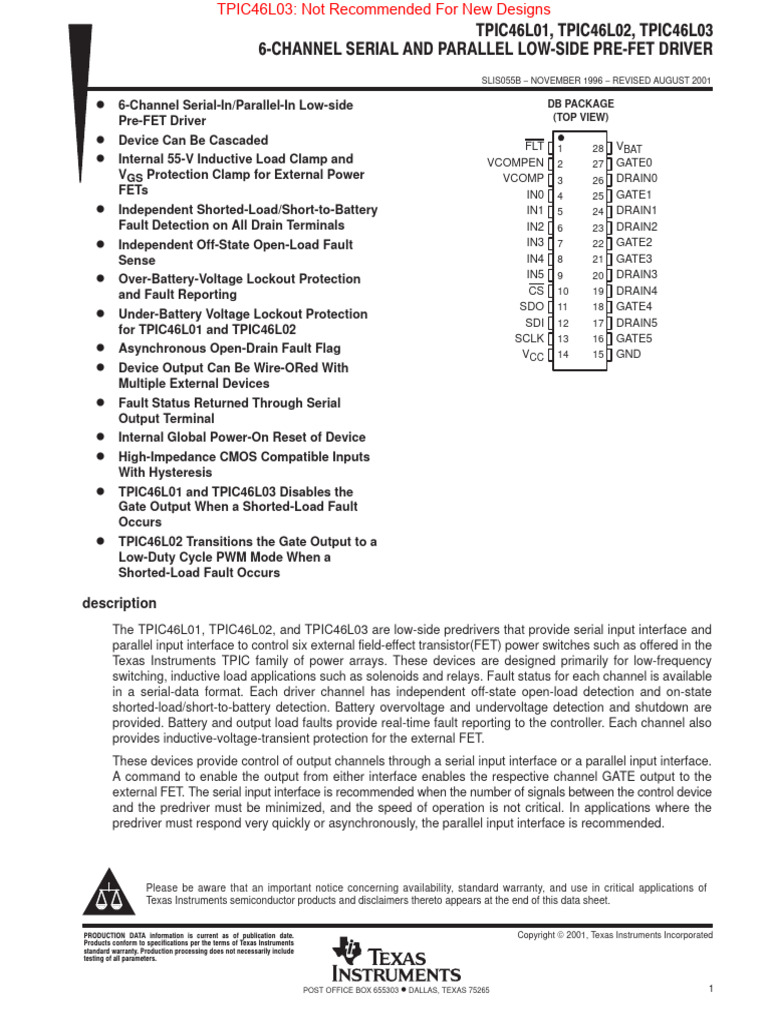 Tpic46l02 - 6-Channel Serial and Parallel Low-Side Pre-Fet Driver | PDF ...