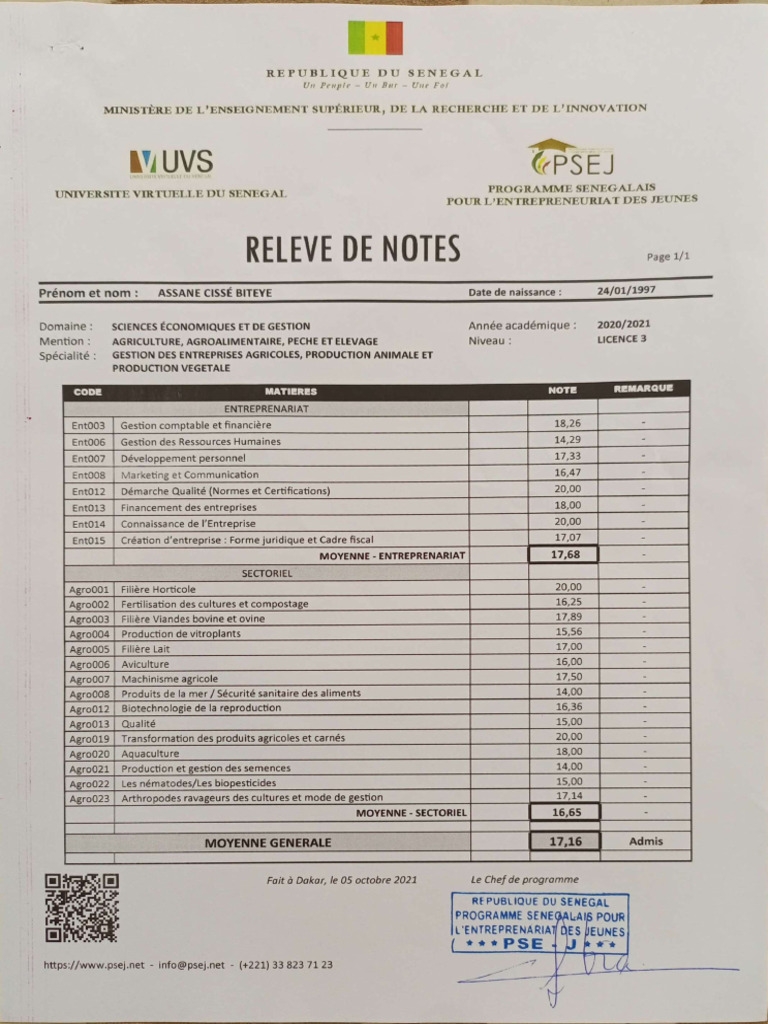 Relevé de Note Psej | PDF