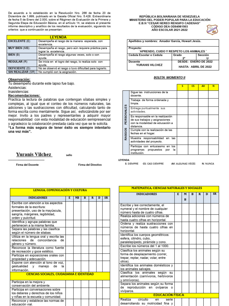BOLETAS Segundo GRADO segundoLAPSO 2021 2022 | PDF
