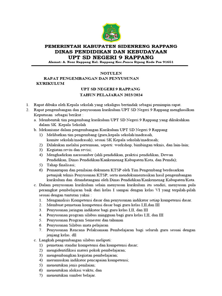 5 Notulen Rapat Kurikulum Merdeka 2023 | PDF