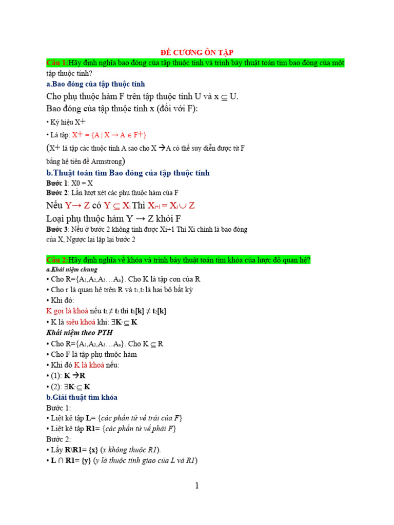 Đề cương ôn tập-CSDL | PDF