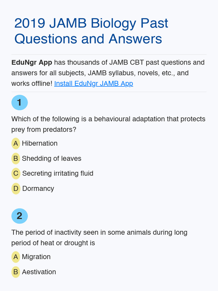 JAMB Biology Past Questions Sonnyserver | PDF | Photosynthesis | Artery