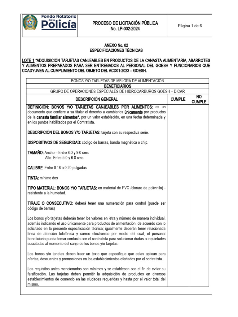 ANEXO No. 2 ESPECIFICACIONES TECNICAS LOTE 1 GOESH | PDF