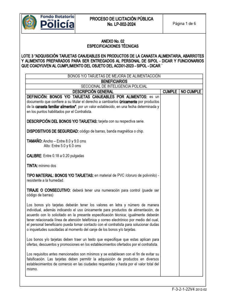 ANEXO No. 2 ESPECIFICACIONES TECNICAS LOTE 3 SIPOL | PDF