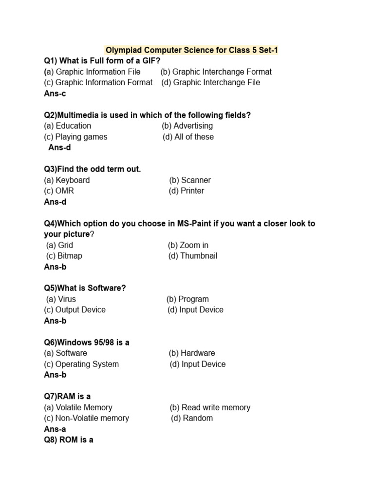 Olympiad Computer Science For Class 5 Set-1 With Answer | PDF ...