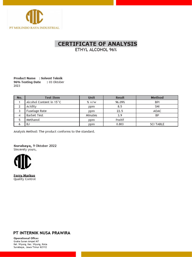 COA Ethyl Alcohol 96% | PDF