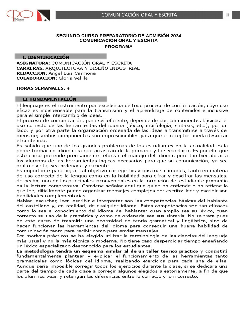Programa Comunicacion Oral y Escrita CPA 2024 | PDF | Oración ...