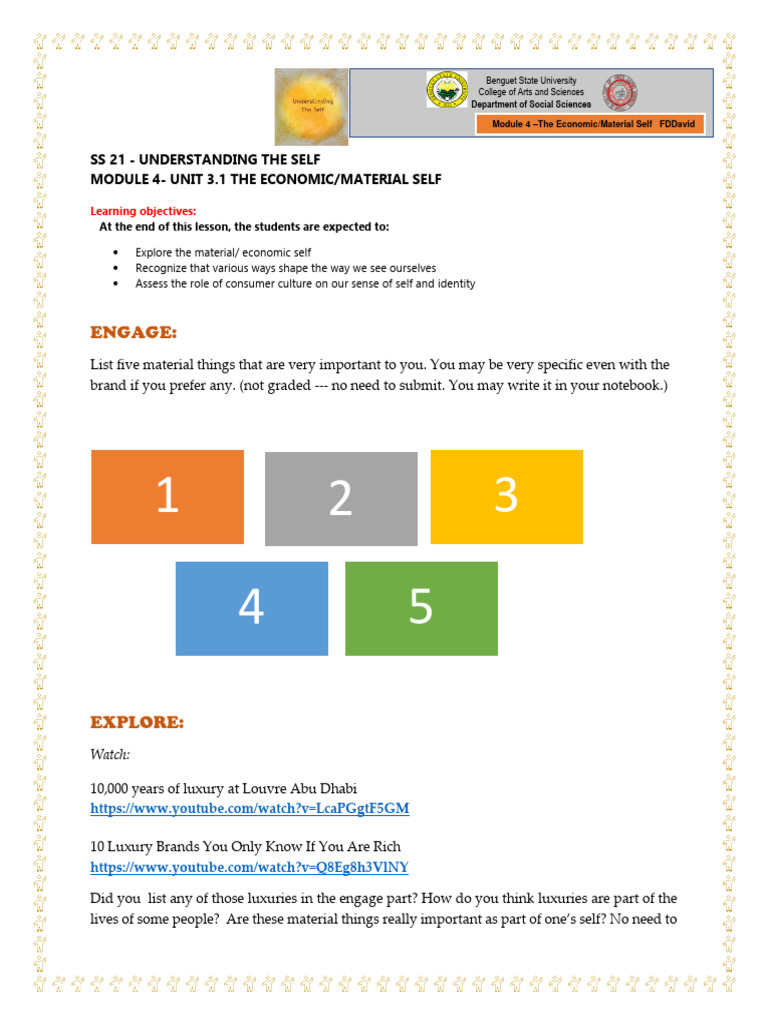 Module 4 Part I THE-MATERIAL-ECONOMIC-SELF | PDF | Self | Thought