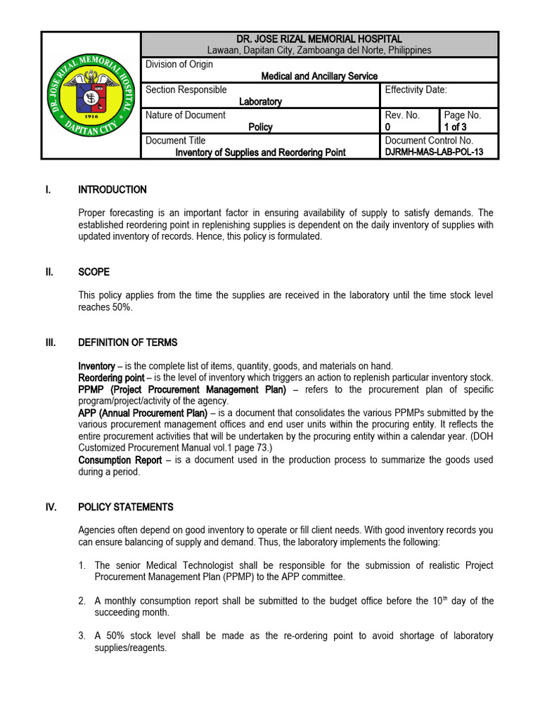 DJRMH-MAS-LAB-POL. Inventory of Supplies and Reordering Point | PDF ...