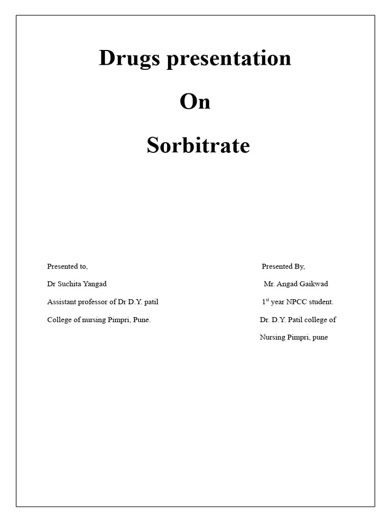 Drug Presentation On Isosorbide | PDF | Vasodilation | Drugs