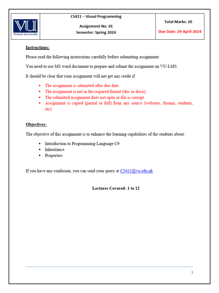 Spring 2024 - CS411 - 1 | PDF | Class (Computer Programming) | C Sharp (Programming Language)