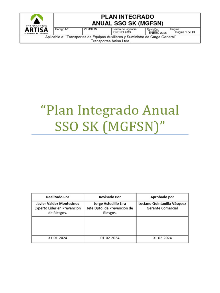 Plan y Programa Integrado Anual Hse Sk-Artisa | PDF | Desarrollo sostenible | Sustentabilidad