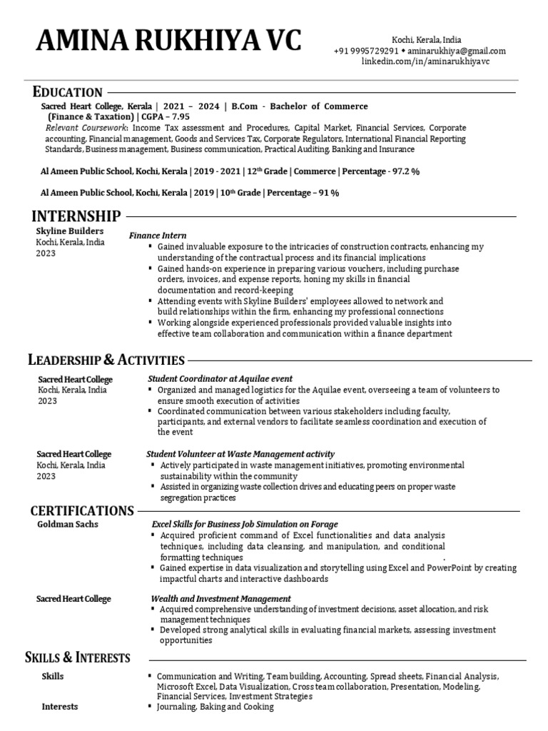 Amina Rukhiya - Resume | Download Free PDF | Business | Accounting