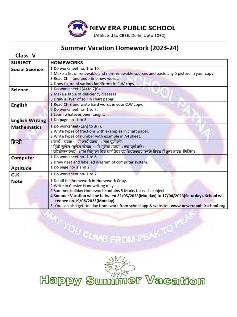 Class V Summer Vacation Homework 2023 24 | PDF