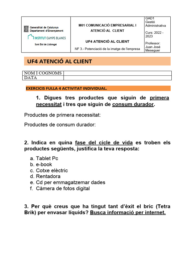Exercici 4 UF4 ATENCIÓ Individual Completar NF3 | PDF
