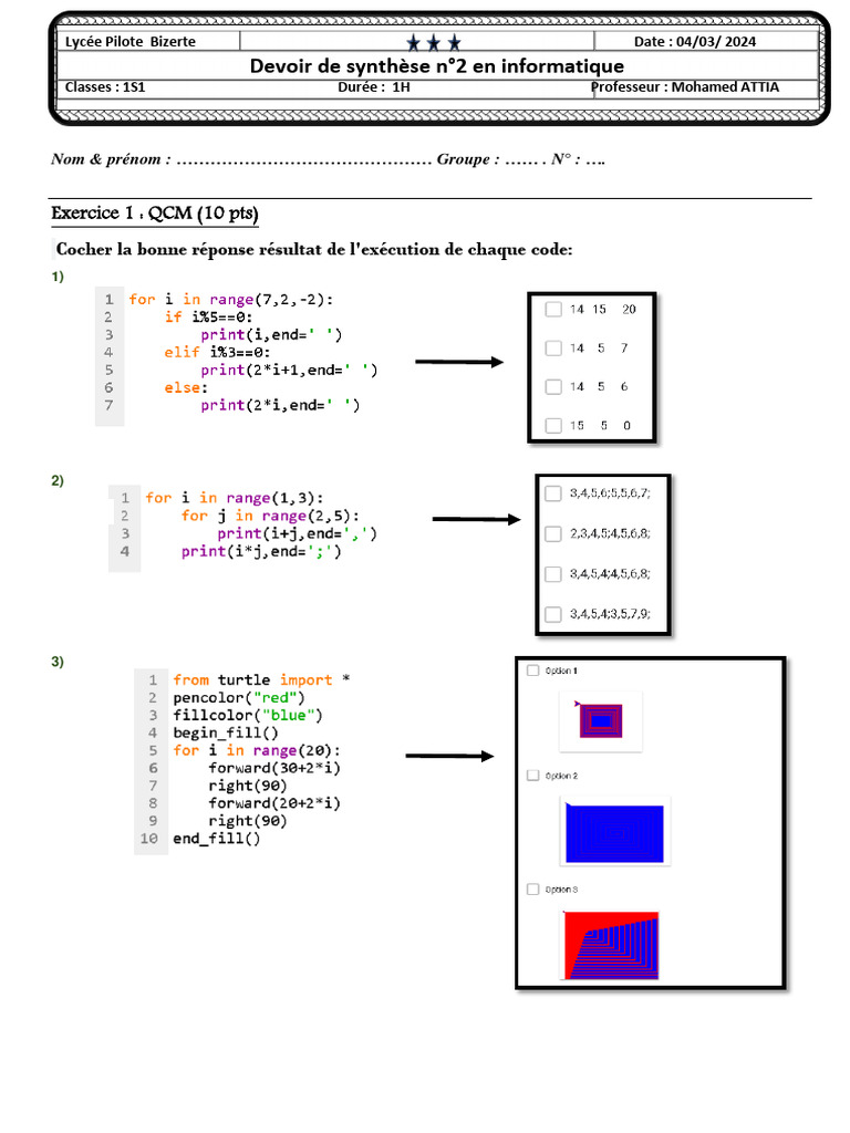 Devoir de Synthèse N°2 en Informatique: Exercice 1: QCM (10 PTS) | PDF