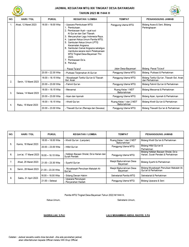 Jadwal Kegiatan MTQ 2023 | PDF
