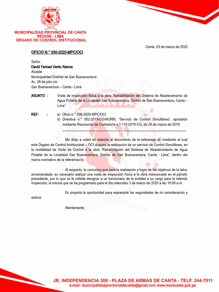 Oficio #030-2020-Mpc-Oci - Visita de Inspeccion Fisica A La Obra San ...