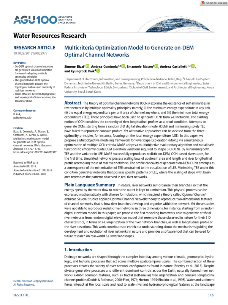 Water Resources Research - 2018 - Bizzi - Multicriteria Optimization Model To Generate On DEM ...